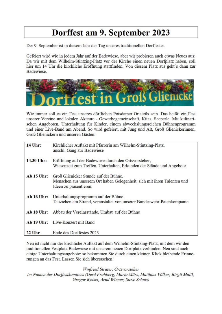 Dorffest 2023: 09.09. Badewiese – Groß Glienicke